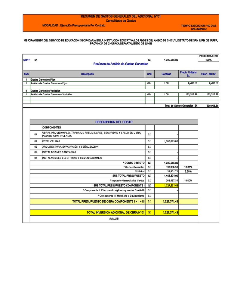 GASTOS GENERALES_ADICIONAL N°01 | PDF | Presupuesto