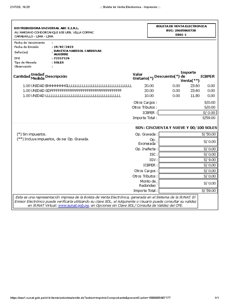 Boleta de Venta Electronica - Impresion | PDF