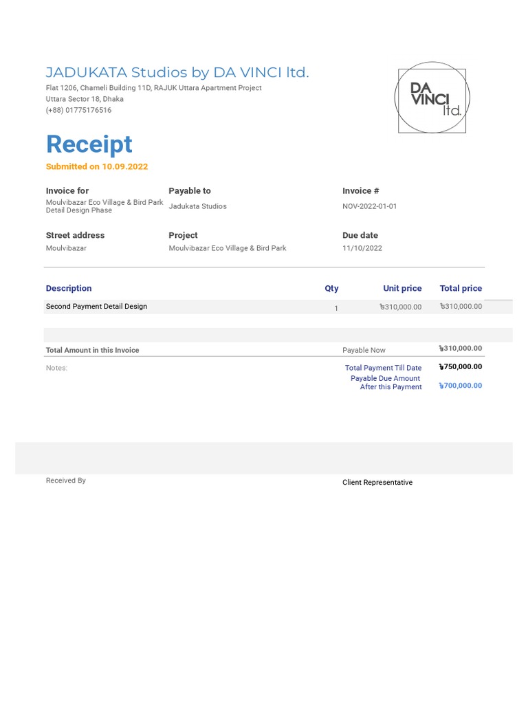 Receipt: JADUKATA Studios by DA VINCI LTD | PDF