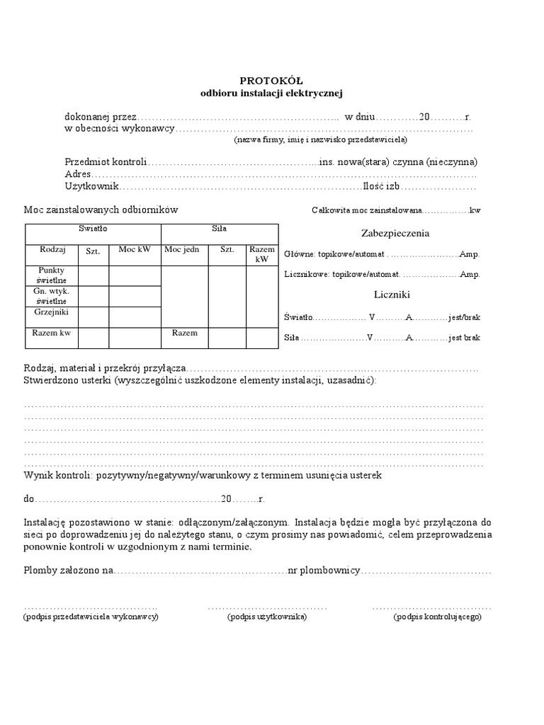 Protokół Odbioru Instalacji Elektrycznej | PDF