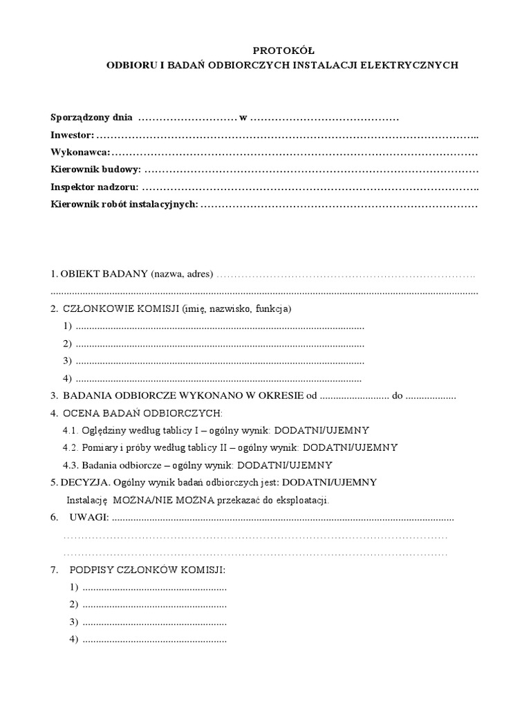 Protokół Odbioru I Badań Odbiorczych Instalacji Elektrycznych | PDF