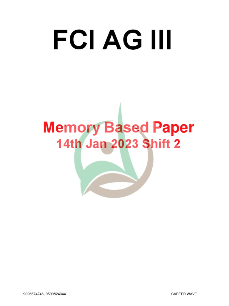 FCI AG III Memory Based Question Paper Held On 14th January 2023 | PDF FCI AG III Memory Based Question Paper Held On 14th January 2023 | PDF