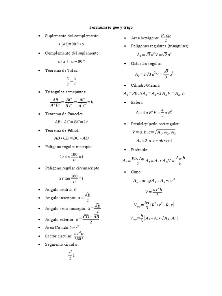 Formulario Geo y Trigo | Descargar gratis PDF | Geometria clasica ...