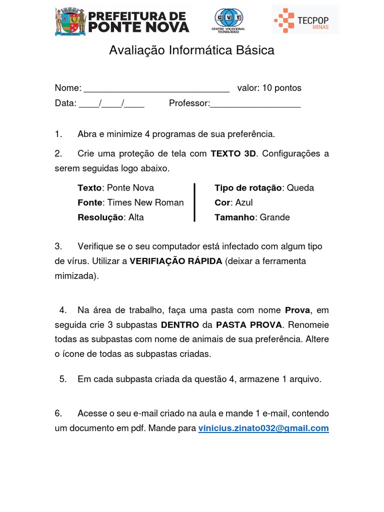 Avaliação Informática Básica | PDF