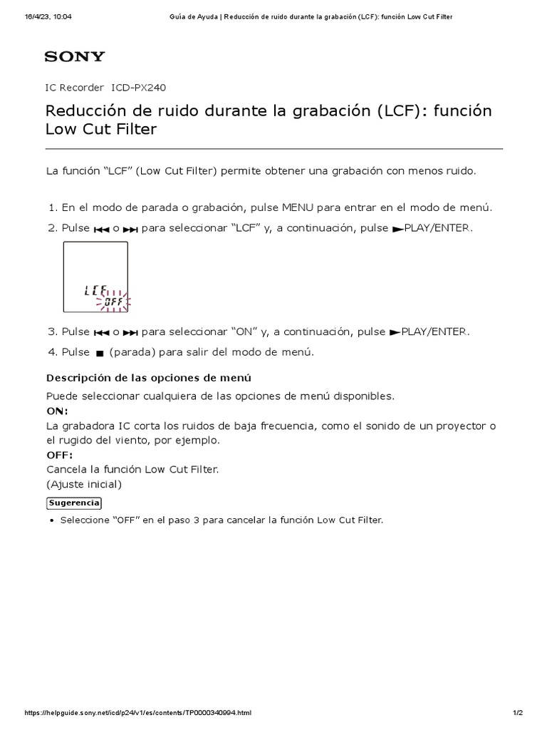 4 Guía de Ayuda - Reducción de Ruido Durante La Grabación (LCF) - Función Low Cut Filter | PDF