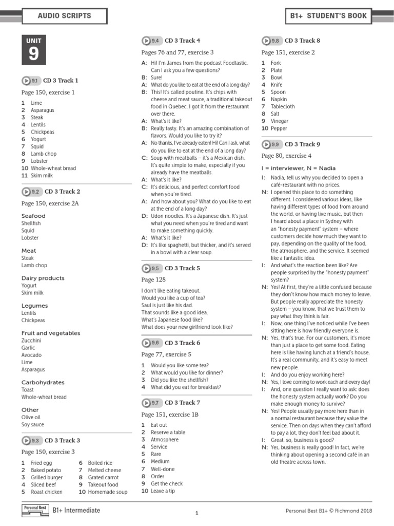 PB AmE B1 SB Audioscript U9 | PDF | Zucchini | Eggplant