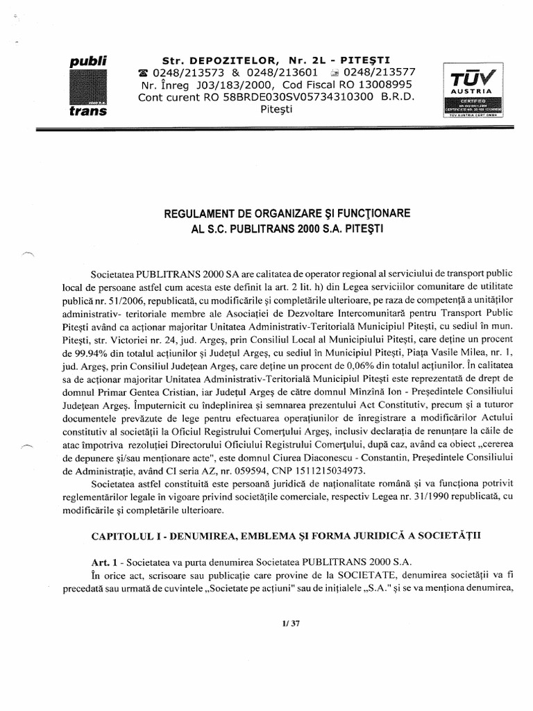 Regulament de Organizare Si Functionare Publitrans | PDF