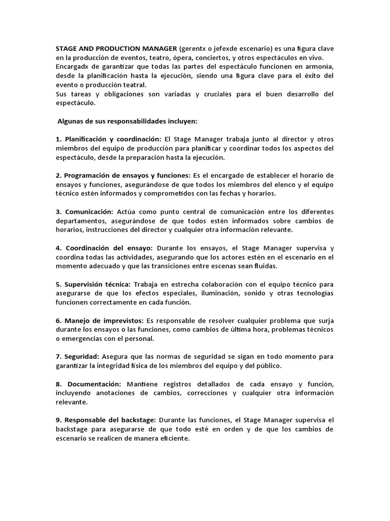 Stage and Production Manager | PDF