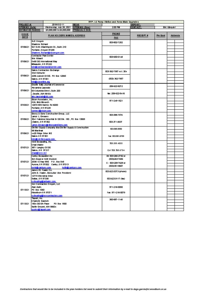 Plan Holders List 7-15-21 I-5 Pump Station and Force Main Upgrades | PDF