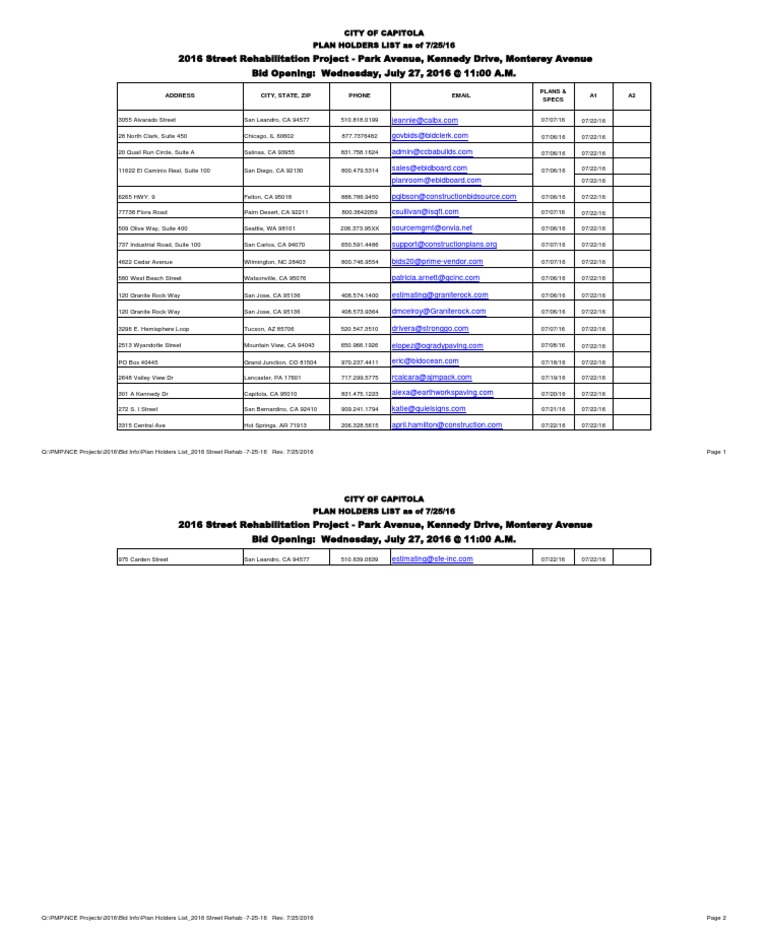 Plan Holders List 2016 Street Rehab - 7!25!16 | PDF