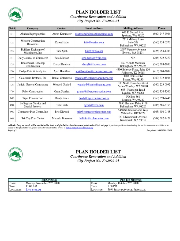 Planholders List Courthouse Renovation 201104 | PDF