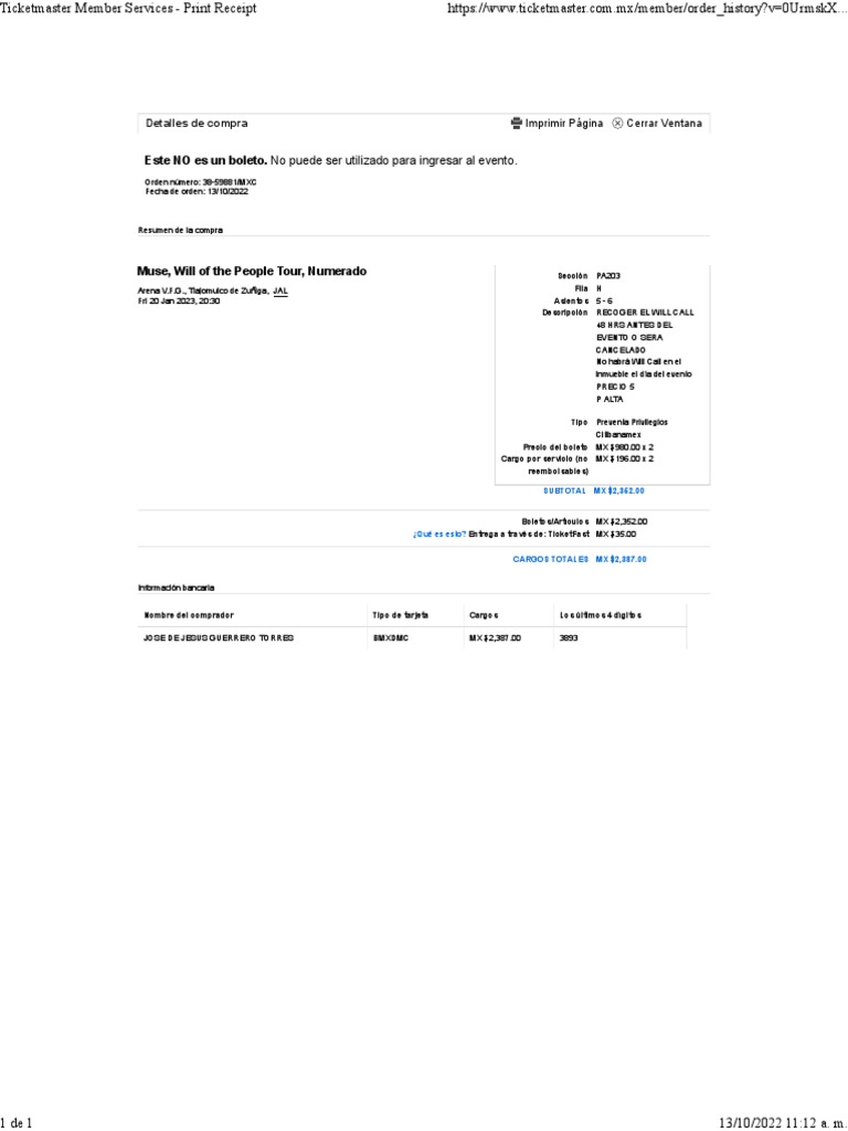 Ticketmaster Member Services - Print Receipt | PDF