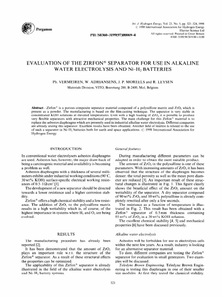 ELSEVIER 1998 - VERMEIREN - Evaluation of The Zirfon Separator For Use ...