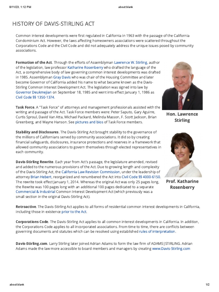 History of Davis-Stirling Act | PDF | Politics | Law