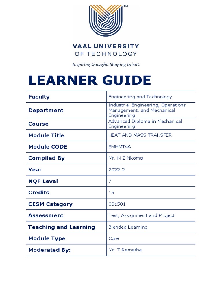 EMHMT4A Heat and Mass Transfer - 2022 - Learner Guide | PDF