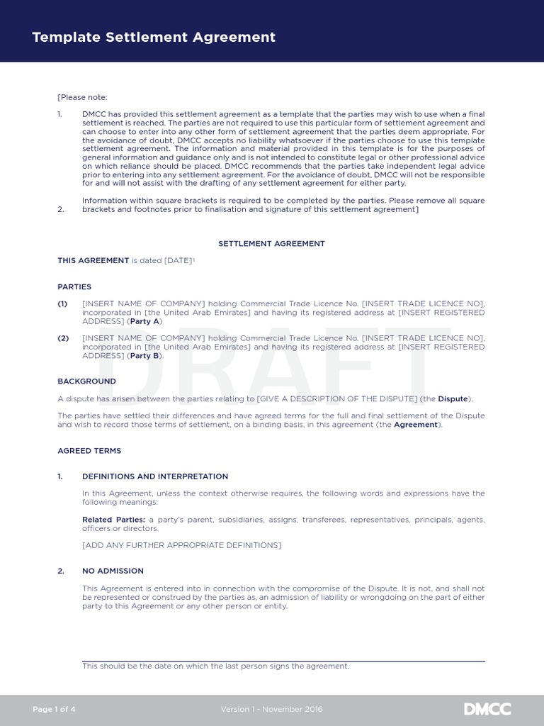 Template_Settlement_Agreement_2018 | PDF | Indemnity | Civil Law (Legal System)
