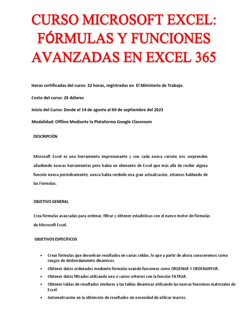 Curso Microsoft Excel Formulas y Funciones Avanzadas en Excel 365 | PDF | Microsoft Excel ...