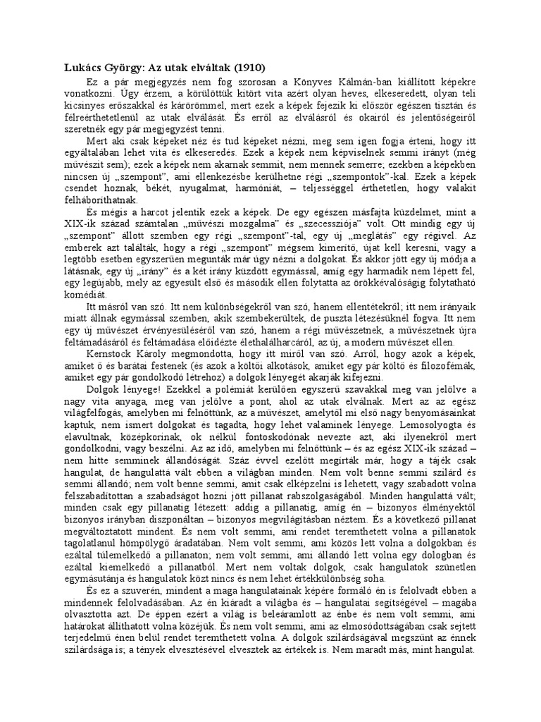 Lukács György Az Utak Elváltak (1910) | PDF
