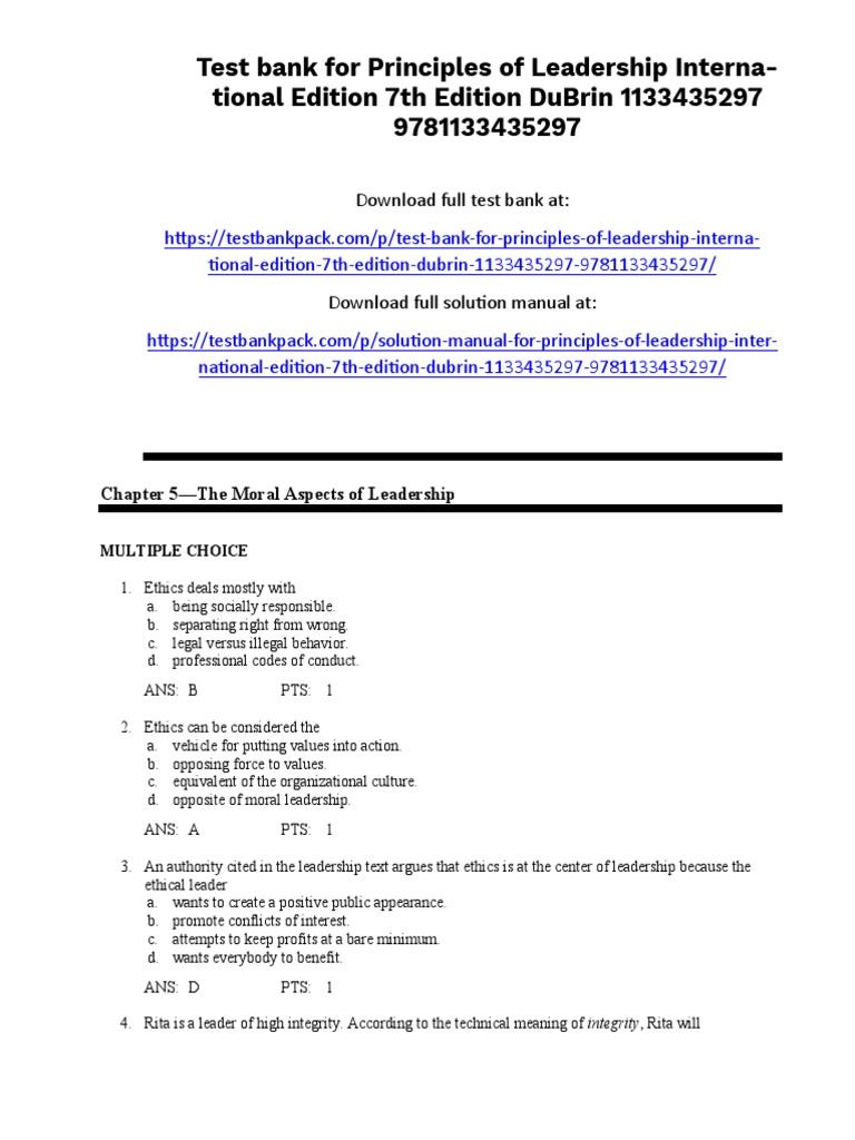 Principles of Leadership International Edition 7th Edition DuBrin Test ...