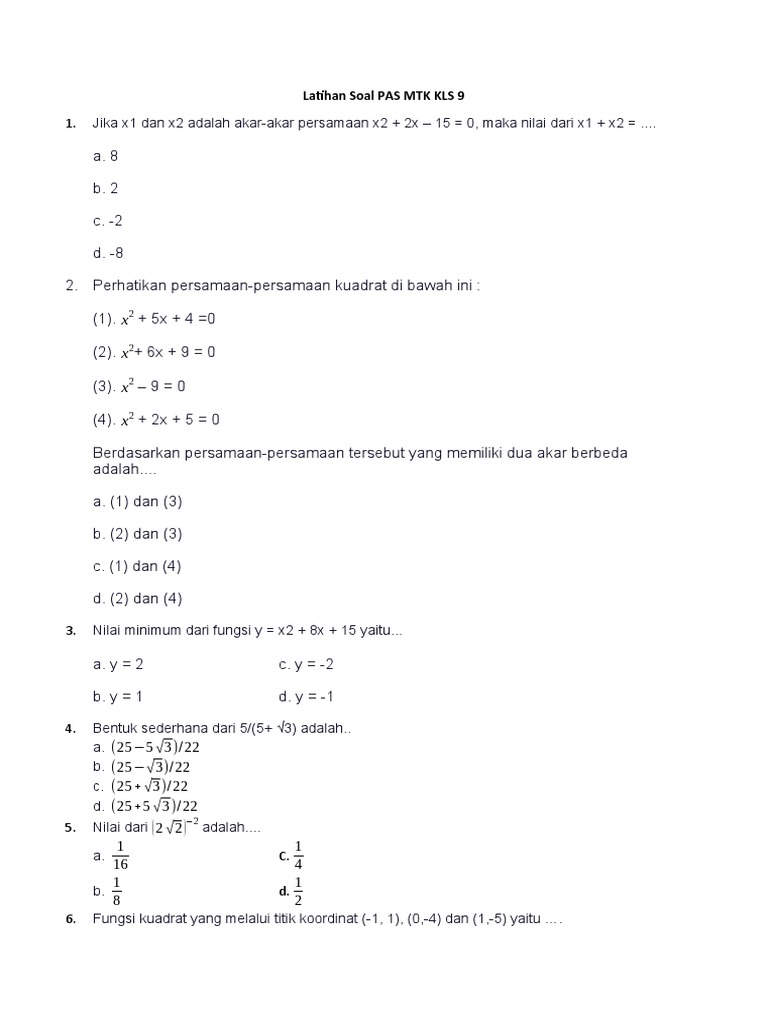 Latihan Soal PAS MTK KLS 9 | PDF