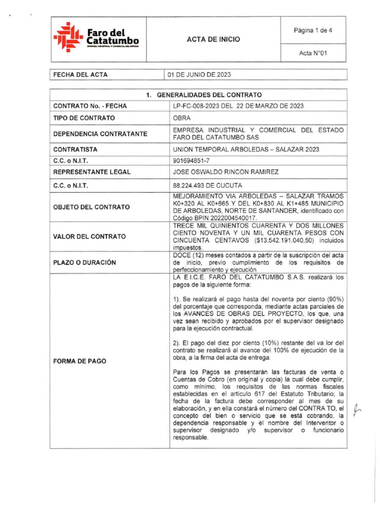 Acta de Inicio de Obra LP-FC-008-2023 | PDF