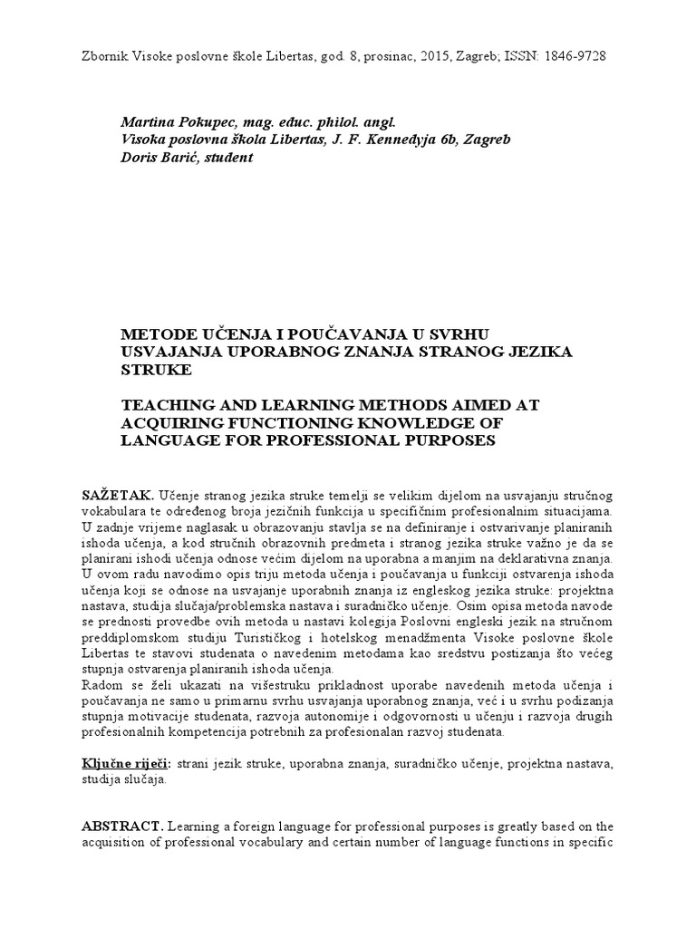 Metode Ucenja I Poucavanja U Svrhu Usvajanja Stranog Jezika | PDF
