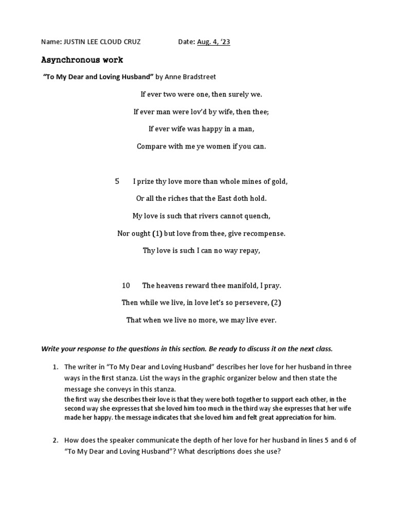 Analysis of "To My Dear and Loving Husband" | PDF | Classics | General ...