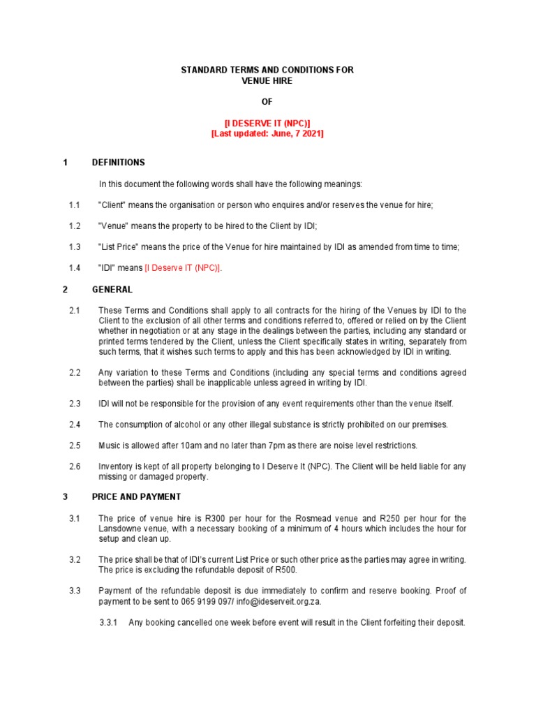 STANDARD TERMS AND CONDITIONS FOR VENUE HIRE Updated Version | PDF