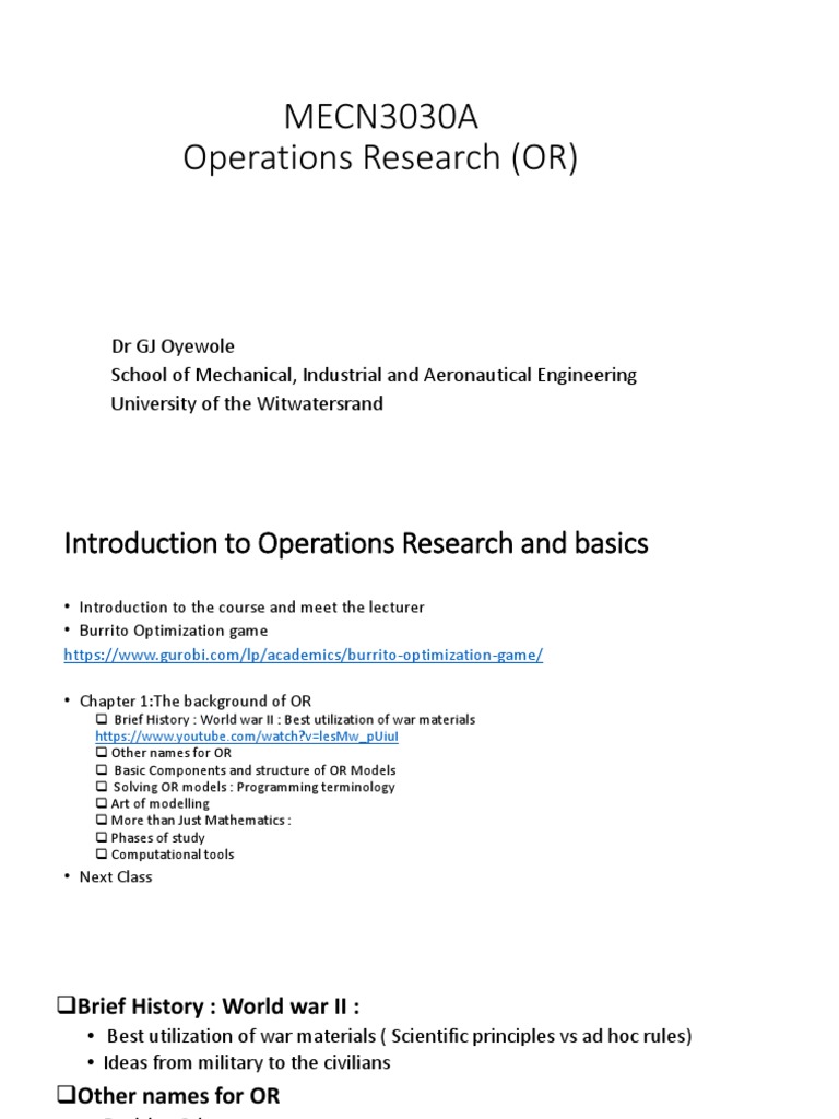 Lec 1 - Introduction To OR | PDF | Analysis | Nonlinear Programming