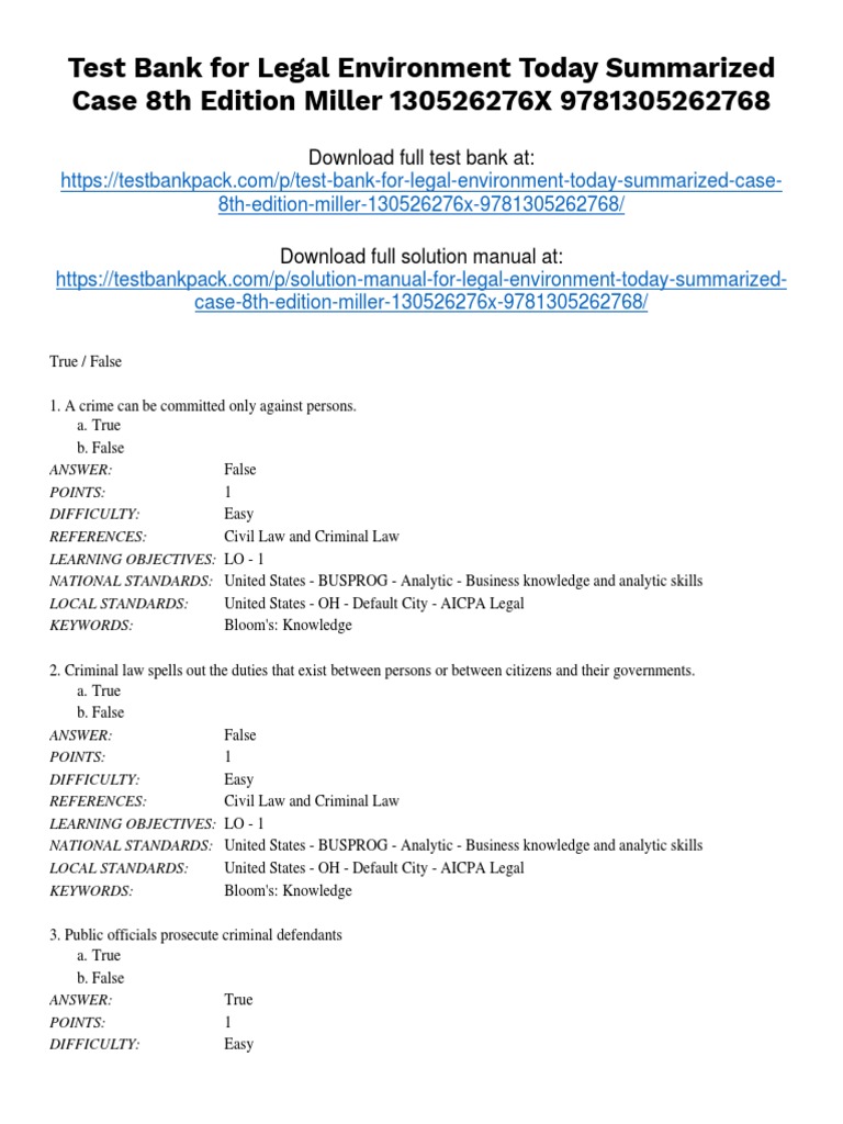 Legal Environment Today Summarized Case 8th Edition Miller Test Bank ...