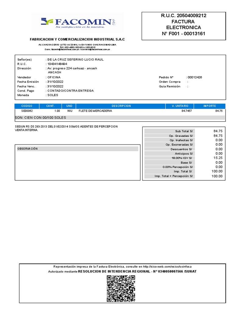 R.U.C. 20504009212 Factura Electronica #F001 - 00013161: Fabricacion Y Comercializacion ...