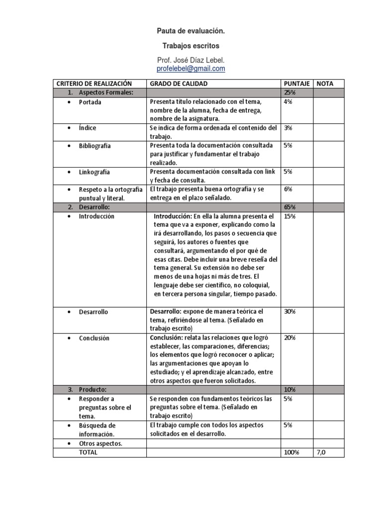 Pauta de evaluación - Trabajos escritos | PDF