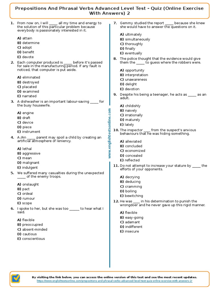 Advanced Prepositions and Phrasal Verbs Quiz | PDF