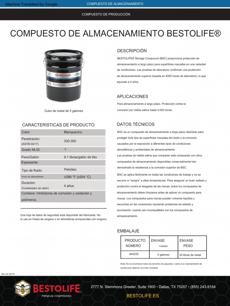 Bestolife Storage Compound - Ficha Técnica | PDF | Corrosión | Oxígeno