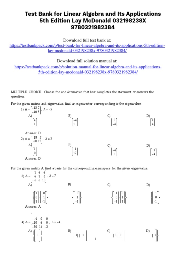 Linear Algebra Test Bank | PDF | Eigenvalues And Eigenvectors ...