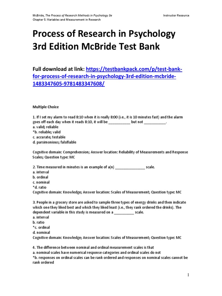 Process of Research in Psychology 3rd Edition McBride Test Bank 1 | PDF