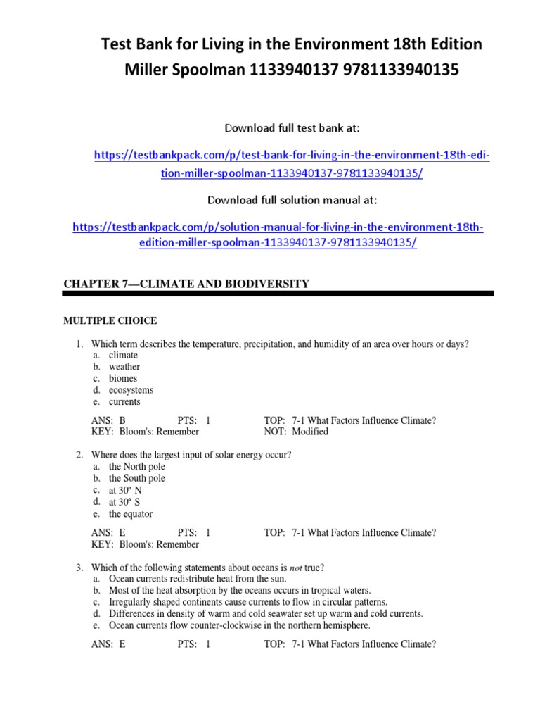 Living in The Environment 18th Edition Miller Test Bank Download | PDF