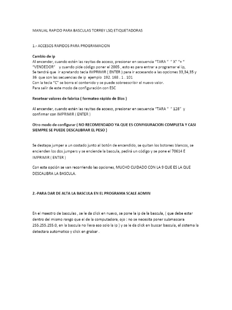 Manual Rapido para Basculas Torrey LSQ | PDF