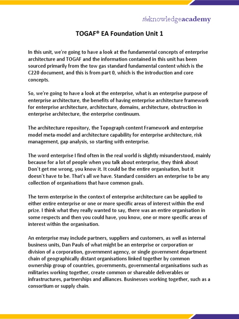 Transcript - ToGAF EA Foundation | PDF