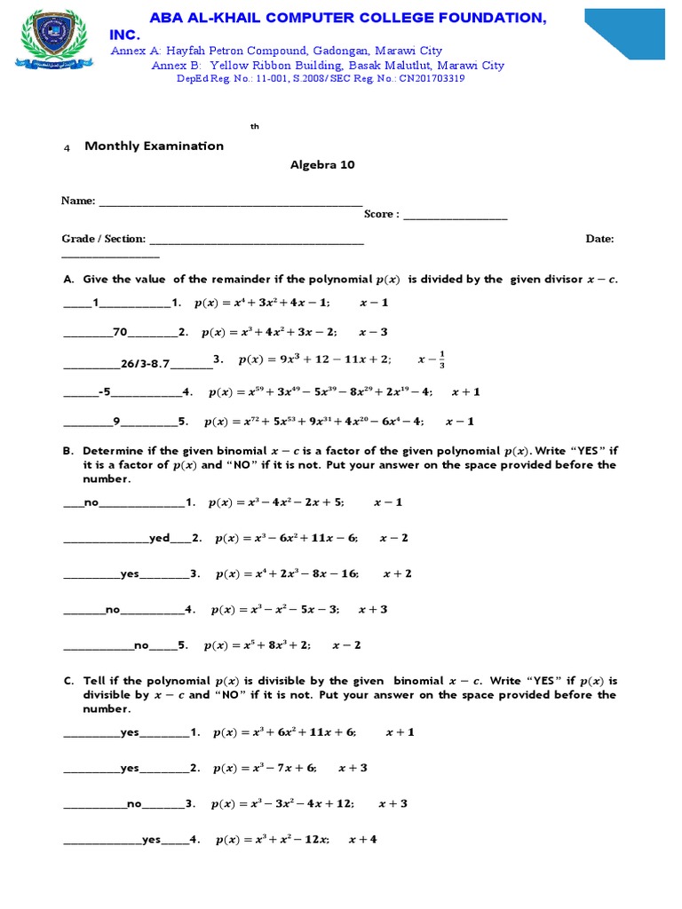 Algebra 10 (4TH ME 2022-2023) | PDF