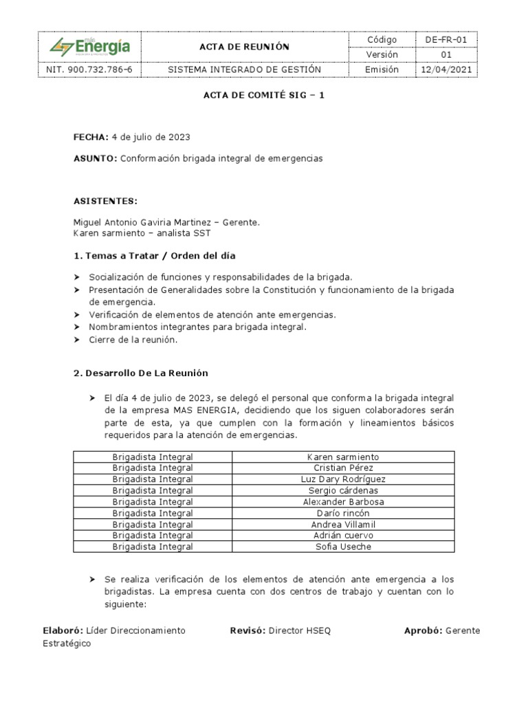 Anexo 4. ACTA 1 CONFORMACION DE BRIGADA INTEGRAL | PDF