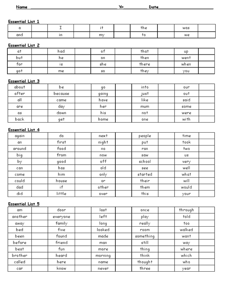 Early Literacy Word Lists | PDF