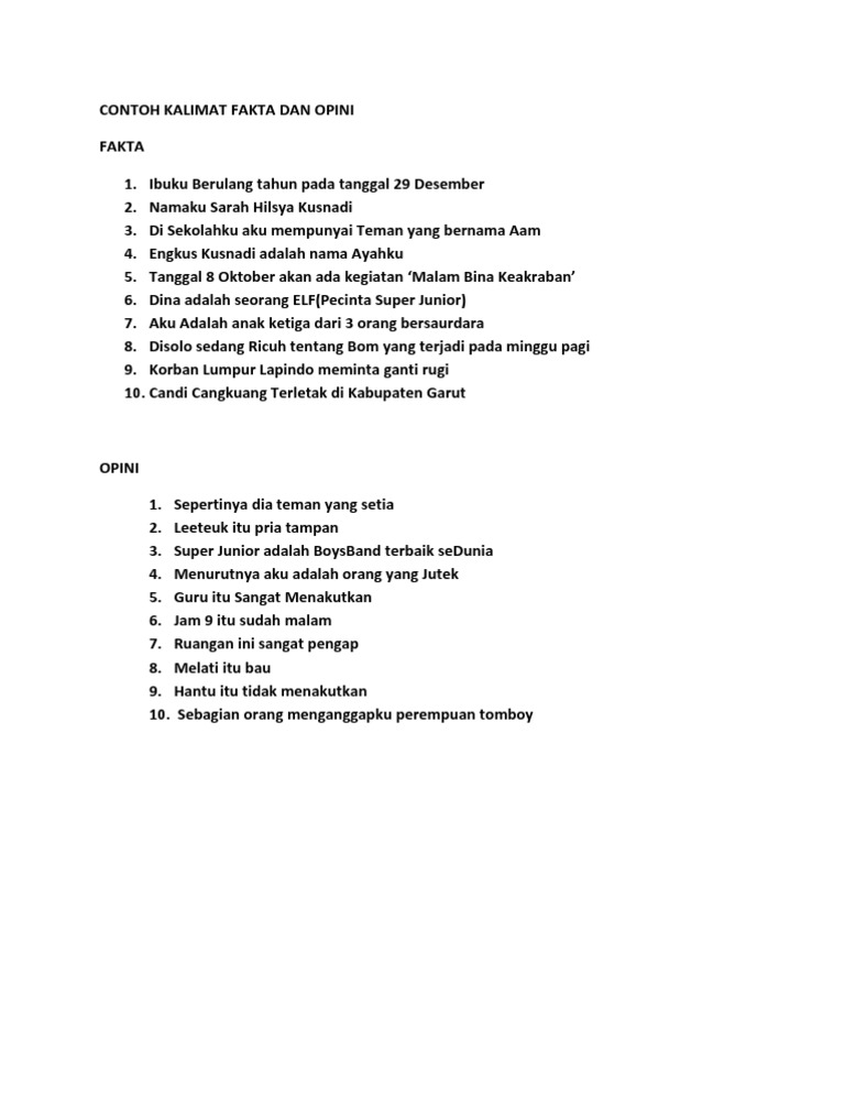Contoh Kalimat Fakta Dan Opini | PDF
