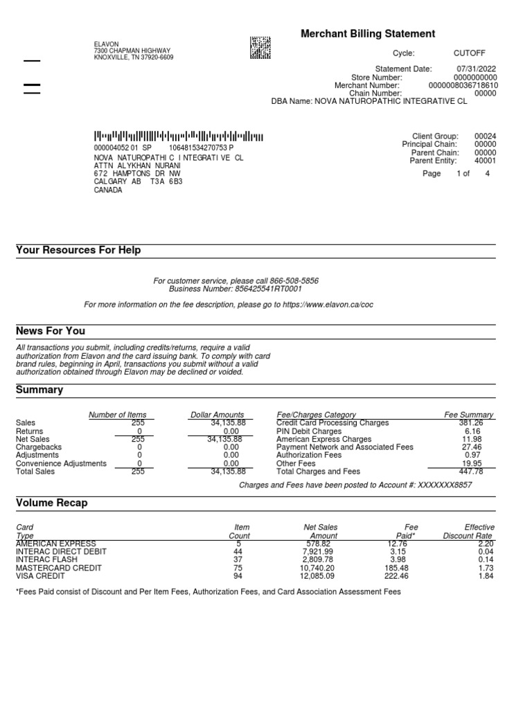 Elavon Statement - Nova - Jul 2022 | PDF