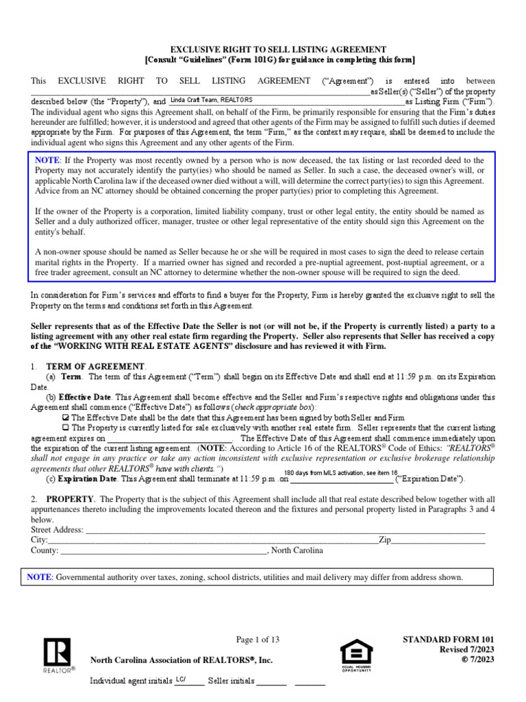 Exclusive Right To Sell Listing Agreement - Pre-Filled Form-101-10 | PDF