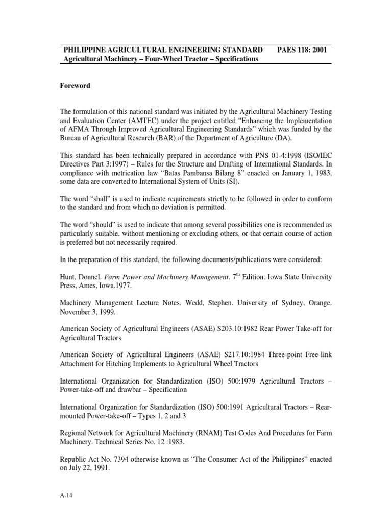 Four-Wheel Tractor Specifications PAES 118 | PDF