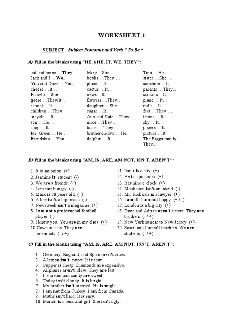 Worksheet 1 Verb To Be | PDF