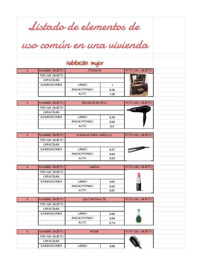 Listado de Elementos de Uso Común en Una Vivienda - Hoja 1 | PDF