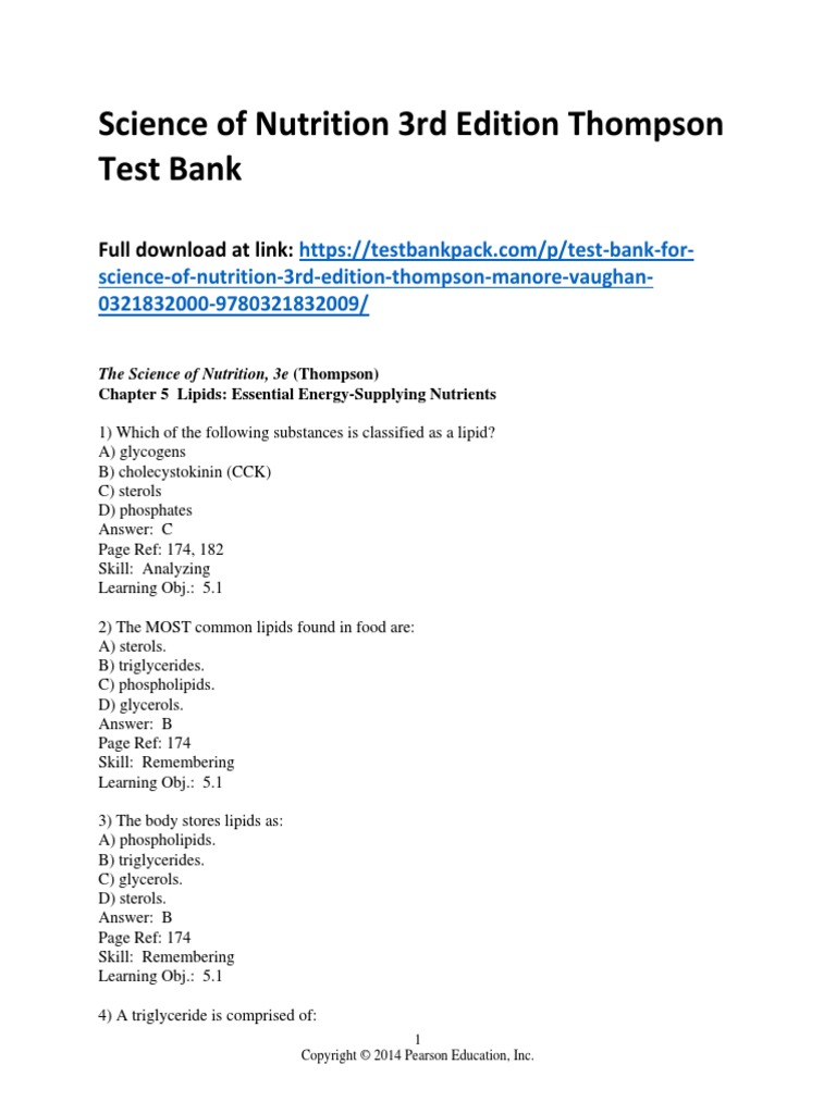 Science of Nutrition 3rd Edition Thompson Test Bank 1 | PDF