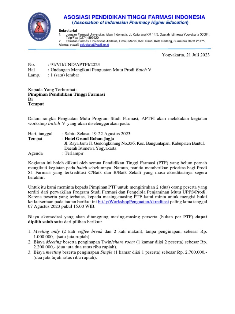 Undangan Peserta WS Penguatan Mutu Prodi Batch 5 - APTFI | PDF